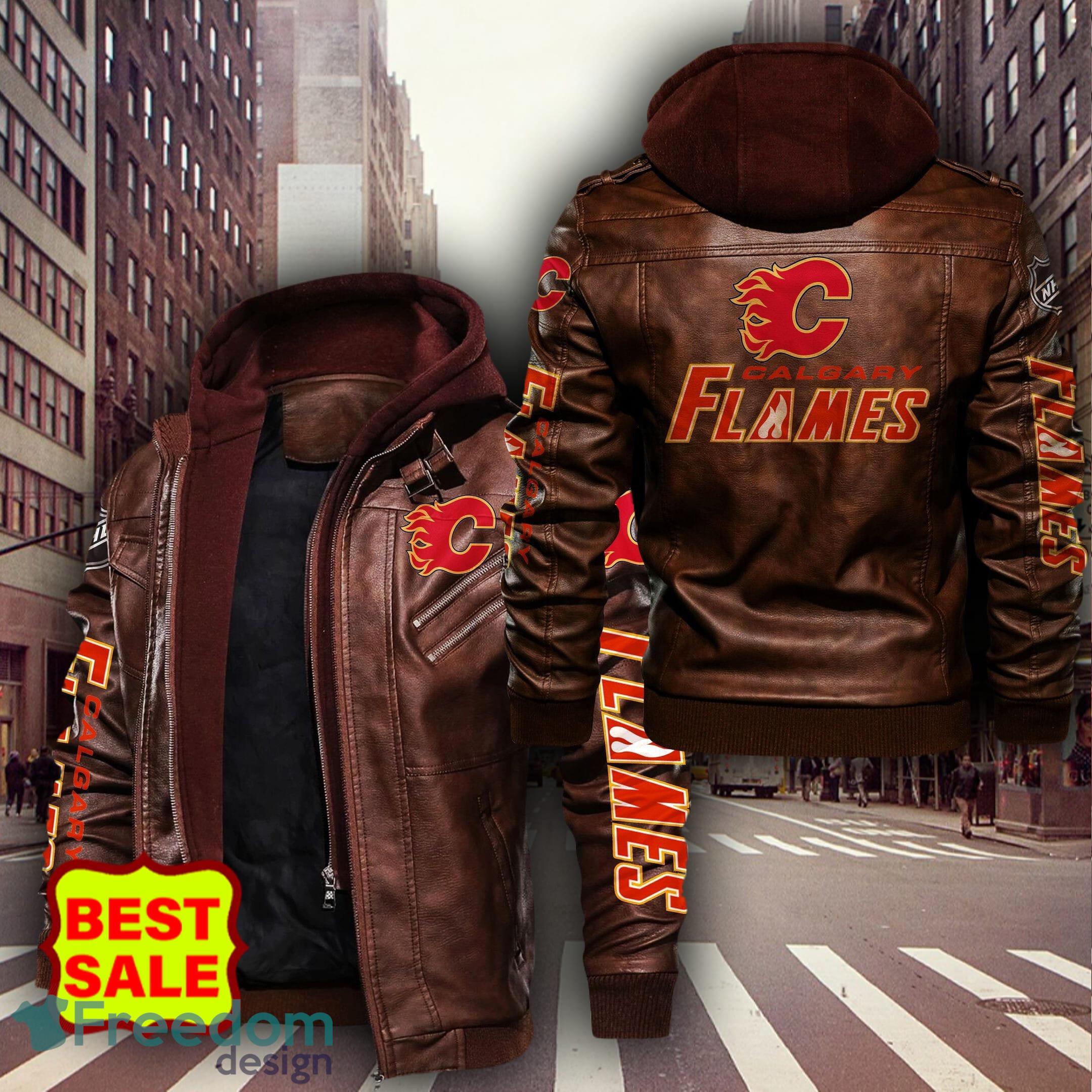 NHL Calgary Flames Fans Style 4 Logo Black And Brown Leather Jacket Men ...